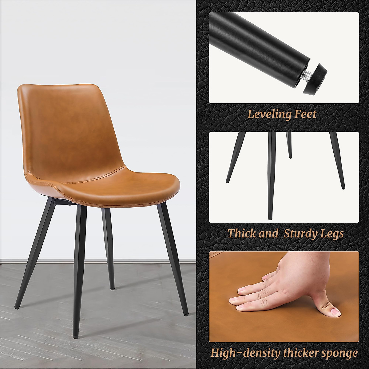 Cozyman Dining Chairs, Faux Leather Dining Chairs Set of 4, 18 Inch Dining Room Chairs, Modern Side Chair with Metal Legs, for Living, Bedroom, Kitchen, Whiskey Brown