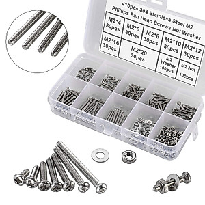 HanTof 410Pcs Tiny Phillips Pan Head Machine Screws Bolts, 18-8 Stainless Steel, M2 x 4/6/8/10/12/16/20mm, Micro/Mini Round Head Screws Nuts and Washers Assortment Kit, Fully Threaded Pitch: 0.4mm