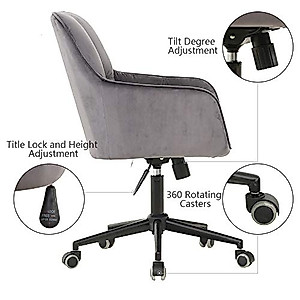 Home Office Desk Chair Velvet Task Chair Accent Chairs - Comfy Computer Chair for Desk, Adjustable Swivel Chair Coffee Chairs Padded Arm Chair for Living Room Bedroom (Grey)