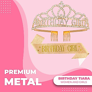 Papoopy Birthday Tiara and Crown with Sash for Women, Hair Accessories for Wedding Party Costume (A1 - Gold)