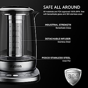 Smart Electric Kettle with Temperature Control, 5 Presets Electric Tea Kettle with Removable Infuser, 2 Hours keep Warm with Auto Shut off, 1.7L, Glass and Stainless Steel, BPA Free