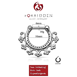 Forbidden Body Jewelry 16g Surgical Steel Filigree Lacey Design Septum Clicker Hoop (Silver Tone)