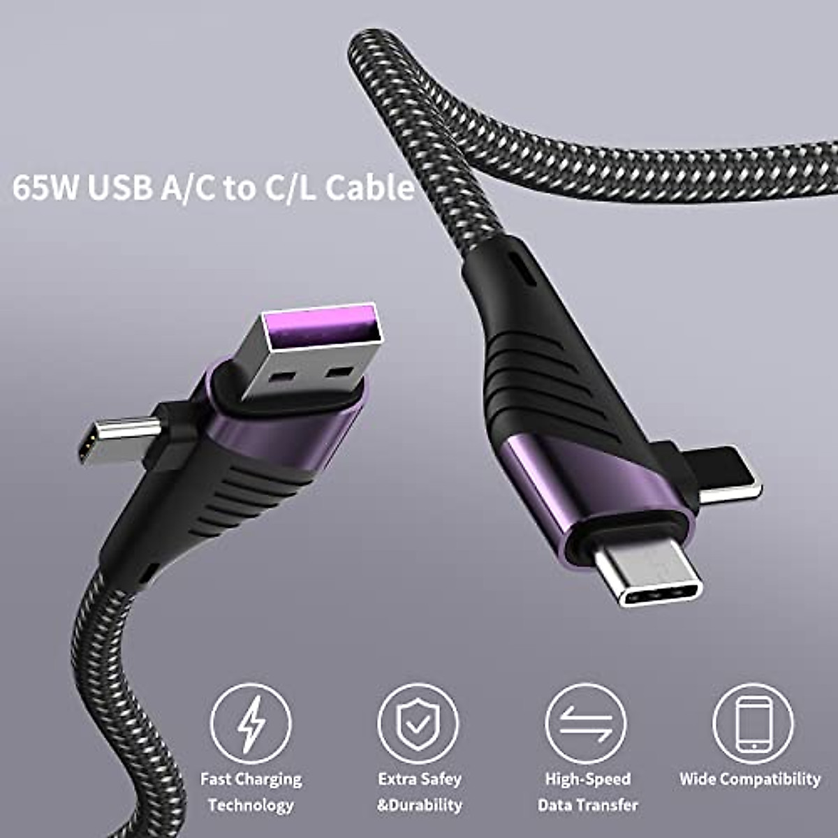 USB C Multi Fast Charging Cable, PD 65W Nylon Braided Cord 4 in 1 5A USB A/C to C/L Fast Sync Charger Adapter Compatible with Laptop/Tablet/Phone (4FT)