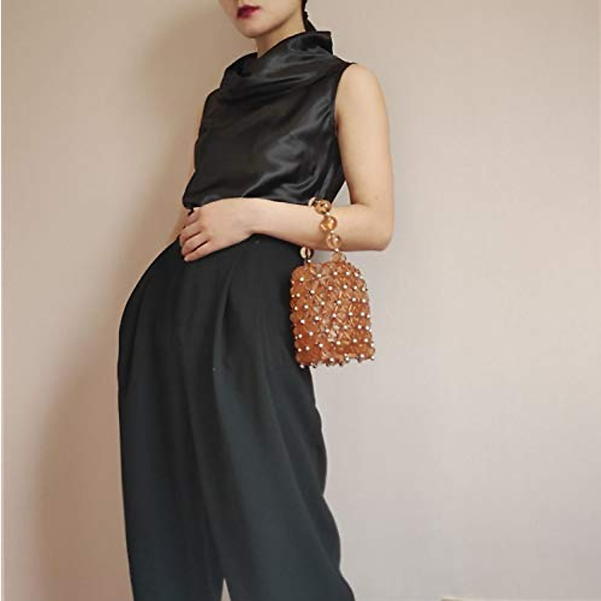 YUSHINY Women Amber Colored Transparent Acrylic Beaded Handmade Bucket Bag for Wedding Party