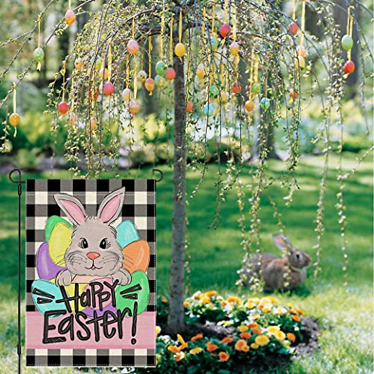 PANDICORN Happy Easter Garden Flag 12x18 Inch Double Sided, Black Buffalo Plaid Check Spring Easter Bunny Eggs Decorations, Small Vertical Welcome Holiday Decor for Outdoor Yard Garden