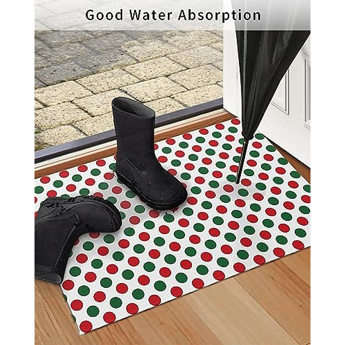 Indoor Door Mat Washable Mat 20x32 Inch - Outdoor Non-Slip Mat Absorbent Resist Dirt Doormats Christmas Green and Red Polka Dots Floor Mat for Entryway Patio Bathroom
