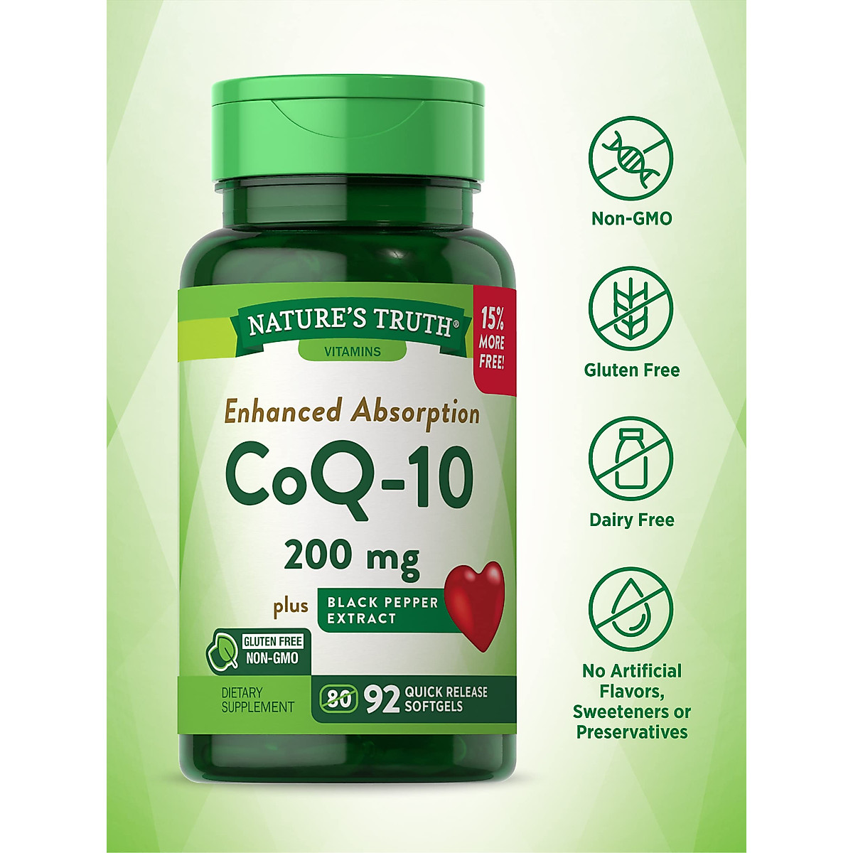 CoQ10 200 mg Softgels | 92 Count | Enhanced Absorption Supplement | with Black Pepper Extract | Non-GMO, Gluten Free Supplement | by Nature's Truth