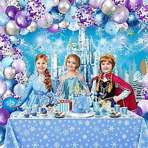 Ice Themed Party Decorations, Snow Birthday Decorations with Blue Purple Balloon Arch Kit Ice Snow Castle Photography Backdrop Banner and Snowflake Tablecloth for Girl Women Party Decor