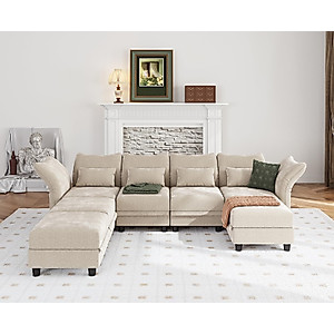 LLappuil 7 Seater Sectional Sofa Couch U Shaped Chenille Modular Sofa for Living Room with Ottoman, Adjustable Armrest/Backrest, 114.2" Width, Khaki