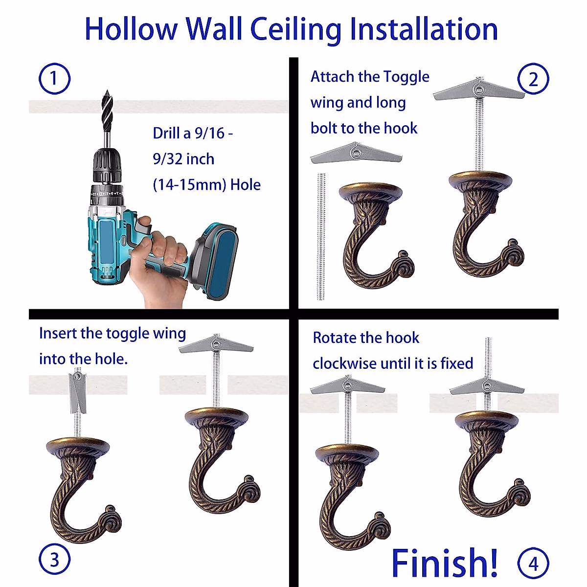 OBSTKUCHEN 2 Sets Large Swag Ceiling Hooks Heavy Duty Swag Hook with Hardware for Hanging Plants Ceiling Installation Cavity Wall Fixing (2 Sets Antique Brass)