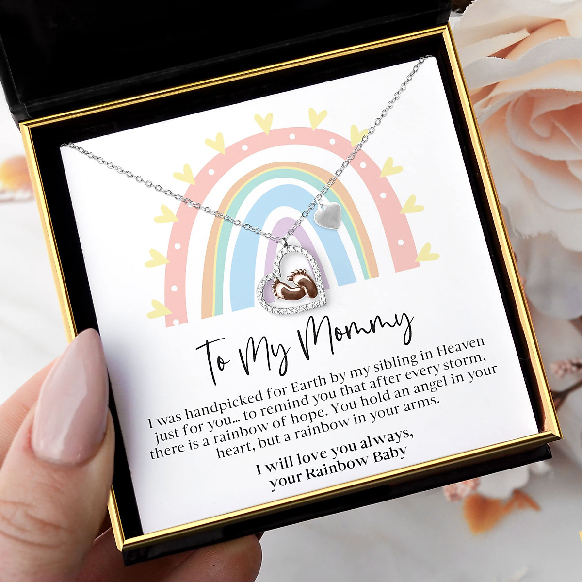 Aphrodite's Colorful Rainbow Baby Gifts for Mom, Baby Feet Heart Necklace, First Time Mom Gift, Mom to Be necklace, Baby Shower Gifts, New Mom Gifts for Christmas, Sterling Silver, Cubic Zirconia