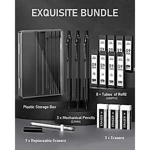 Four Candies 0.9mm Mechanical Pencil Set with Case, 3PCS Metal Artist Lead Pencil with 8 Tubes (480PCS) HB Lead Refills, 3 Erasers, 9 Eraser Refills For Engineer Art Writing Drafting, Black