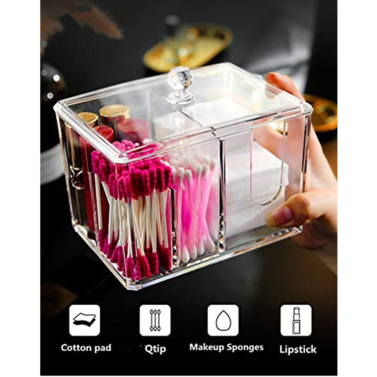 ZHXR Qtip Cotton Pad Holder Dispenser Cotton Ball and Swab Storage with Lid, Clear Acrylic Organizer for Bathroom and Cosmetic Storage