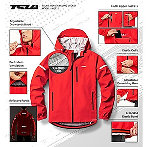 TSLA Men's Cycling Waterproof Jacket, Reflective Hoodie Windbreaker, Packable Bike Rain Jackets with Back Pocket, Cycling Red, Large