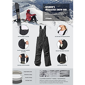 TSLA Women's Winter Snow Bibs, Waterproof Insulated Snowboard Overalls, Ripstop Ski Pants, Winter Snow Bib Black, X-Large