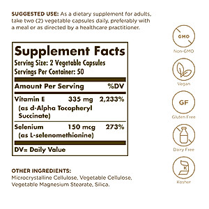 SOLGAR Dry Vitamin E with Yeast-Free Selenium - 100 Vegetable Capsules - Advanced Antioxidant Support - Non-GMO, Vegan, Gluten Free, Dairy Free, Kosher - 50 Servings