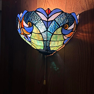 enjoy decor lamps Tiffany Sconces Half Moon Blue Green Stained Glass Pull Chain Switch LED Bulb Included for Bedroom Dining Room Living Room 7" H12 W