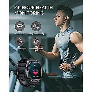PODOEIL Military Smart Watch for Men with 2 Strap Text and Call Fitness Tracking/Heart Rate/Sleep Monitoring/Waterproof Outdoor Sports Rugged Tactical Watches for Android and iPhone Black