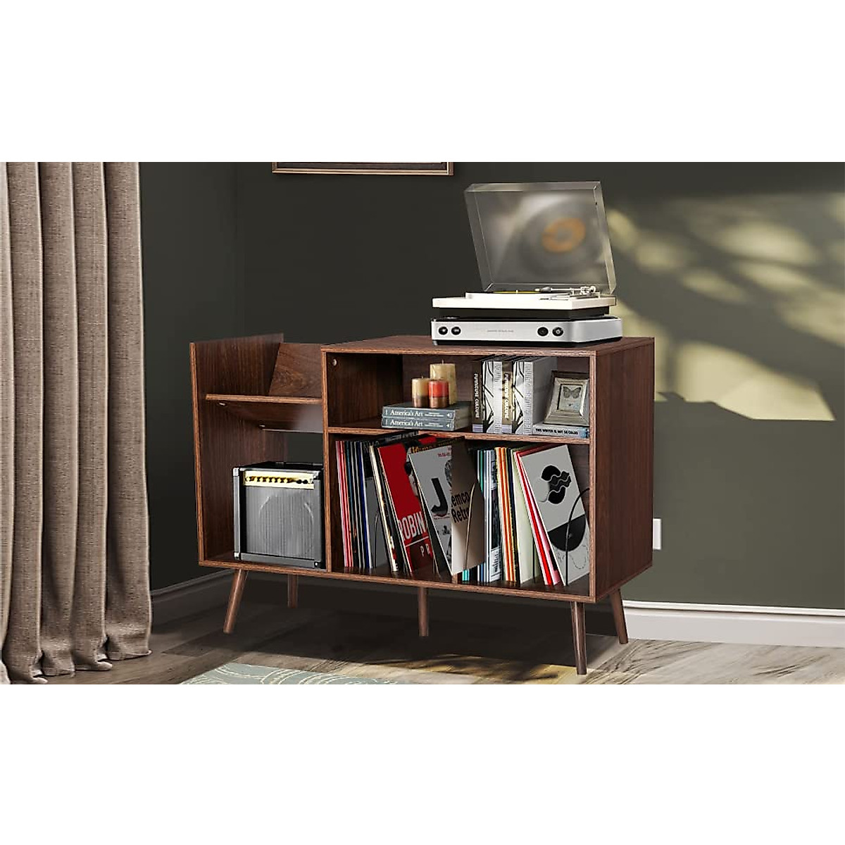 QHITTY Record Player Stand, Mid-Century Modern Vinyl Record Storage Cabinet Table with Wood Legs, Turntable Stand Record Holder Holds Up to 300 Albums for Living Room, Bedroom