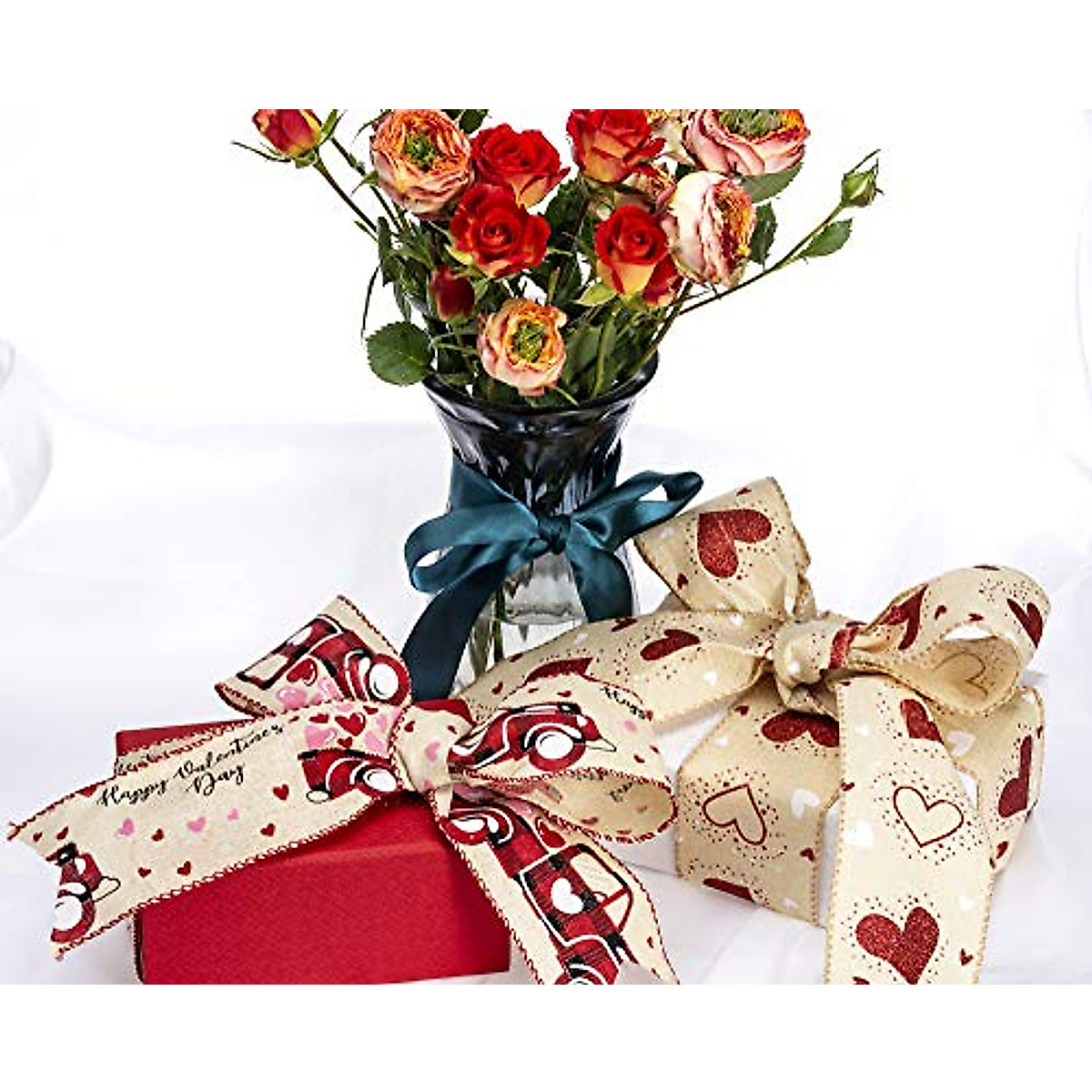 ATRBB Red Glitter Hearts Wired Edge Burlap Ribbon,The Valentine's Day Ribbon for Gift Wrapping and Decorative Bow,10 Yards by 2.5 Inches