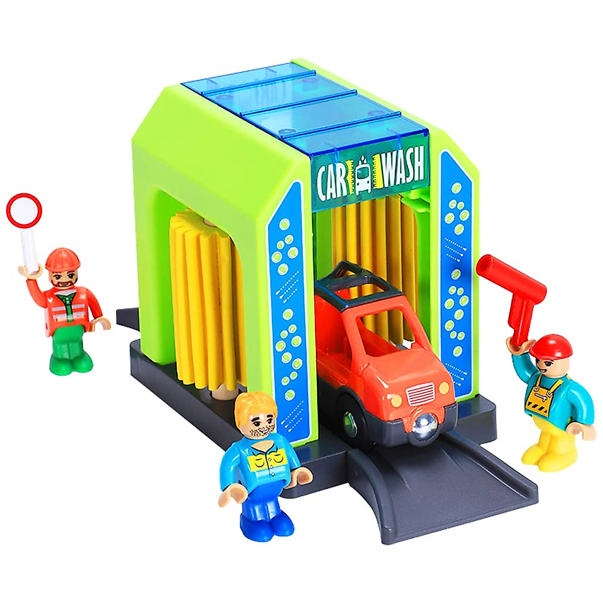 Wooden Train Accessories Car Washer for Railroad Train Track, Train Toys Accessory Compatible with All Major Brands of Train Set System, Railway Tracks Station for Kids Ages 3 and Up.