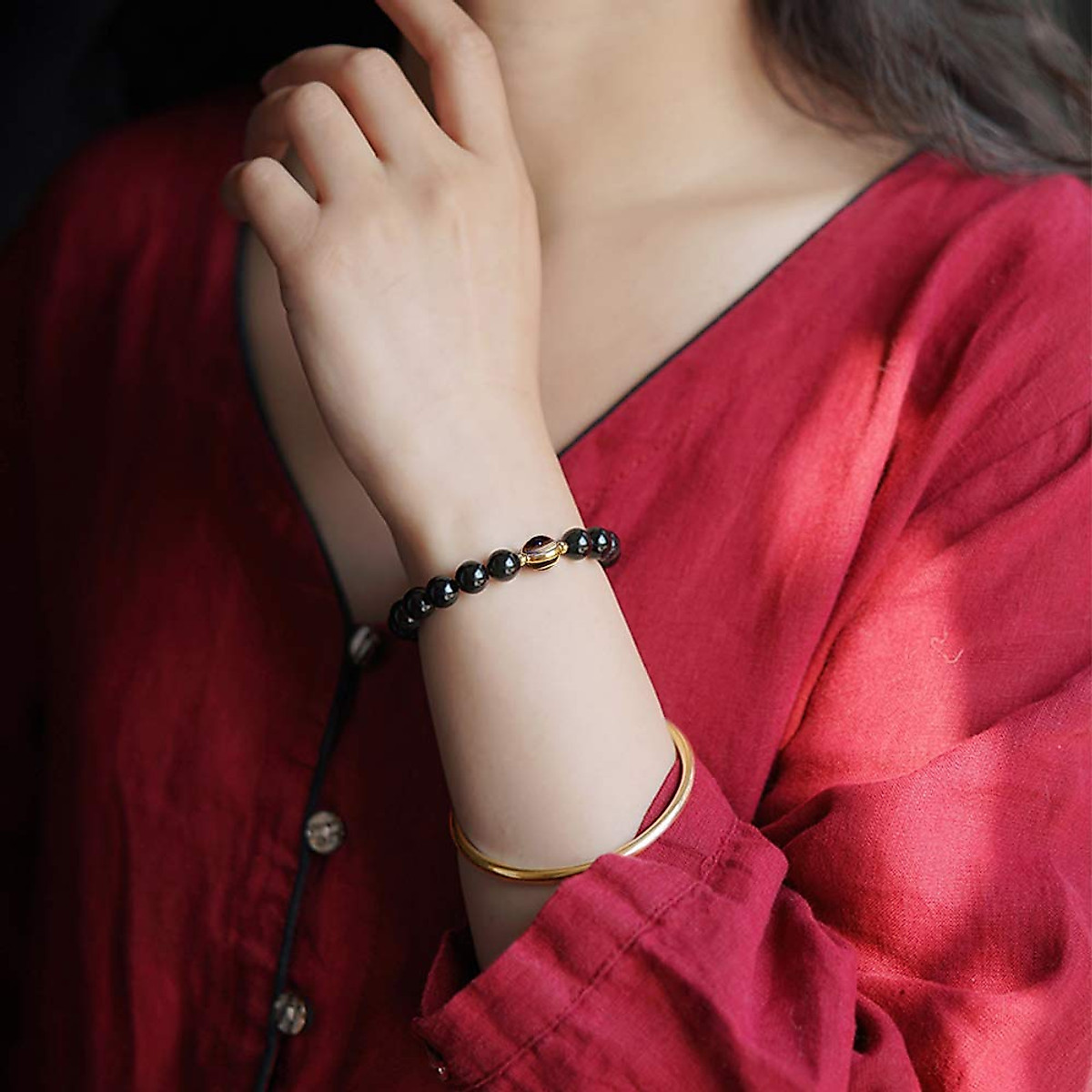 L&C Feng Shui Black Obsidian Wealth Bracelet - 8MM 10MM Women Mens Bracelets Natural Black Obsidian Crystal Evil Eye Agate Bring Luck Prosperity Elastic Stretch Beaded Bracelet for Woman Men (8MM)