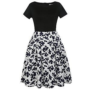oxiuly Women's Vintage Patchwork Pockets Puffy Swing Casual Party Dress OX165 (Black White, xx_l)