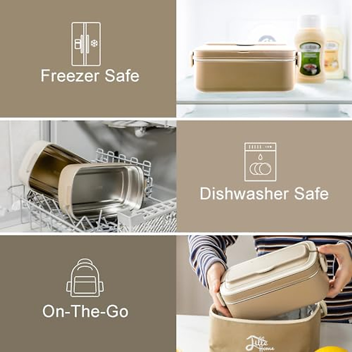 Lille Home Stainless Steel Bento Lunch Box for Adults, 34oz Portable Food Container with Lunch Bag and Utensils, Ideal for Meal Prep and On-the-Go (Brown)