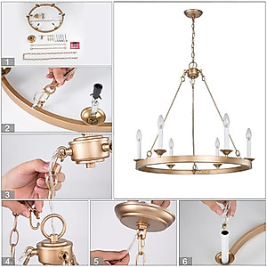 Uolfin Wagon Wheel Chandelier Gold, Modern Large 26.5” Dining Room Chandelier Light Fixture with 6 White Candlesticks for Kitchen, Living Room and Bedroom