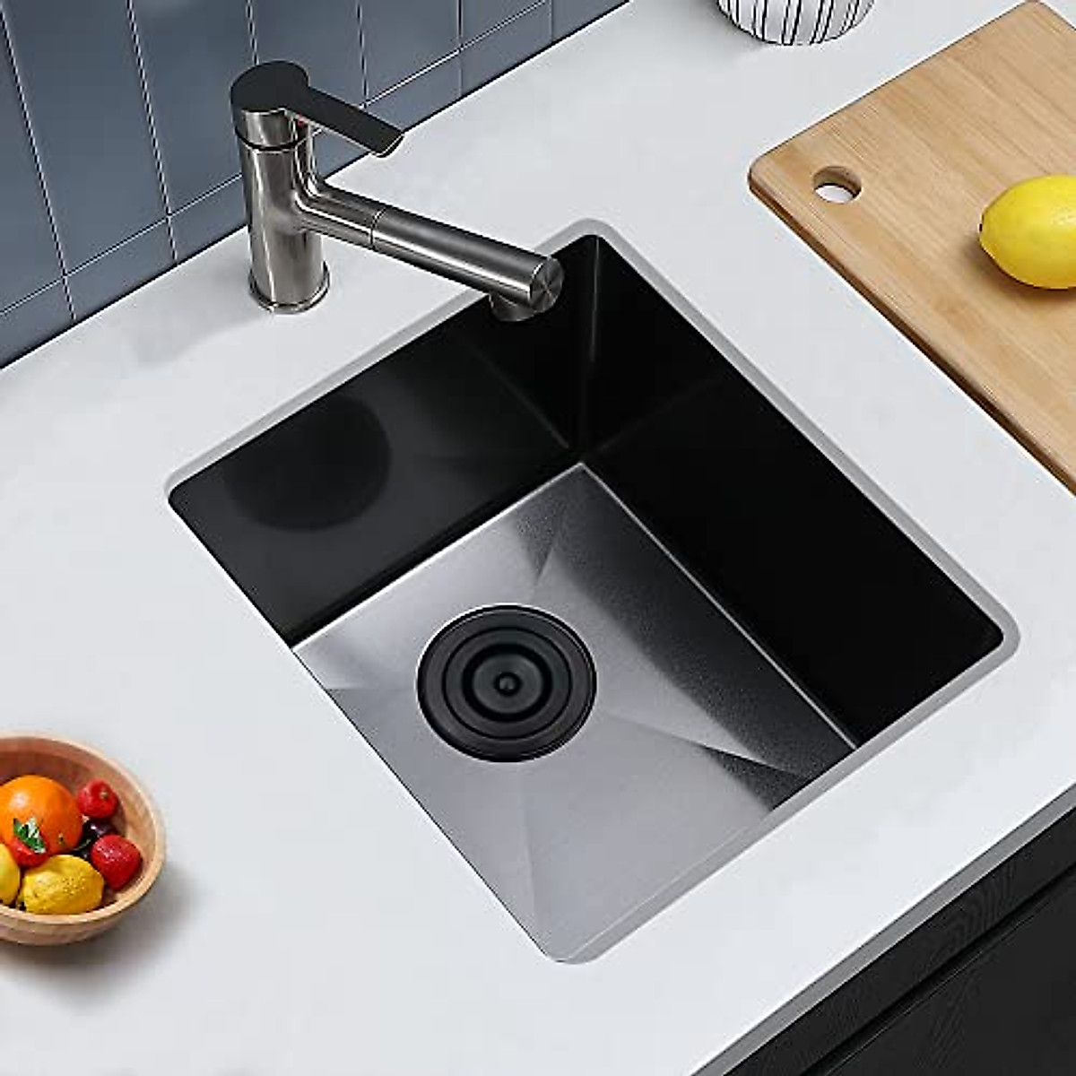 Comllen 15 x 17 inch Black Bar Sink Undermount，Black Stainless Steel Wet Bar Prep Sink Small Kitchen Sink Single Bowl RV Sink with Bottom Grid and Strainer-KYL001B