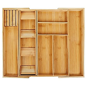 Ozera Bamboo Silverware Organizer, Expandable Utensil Organizer and Cutlery Organizer in Drawer, Flatware Kitchen Drawer Organizer Silverware Tray with Knife Block for Kitchen(7-10 Slots)