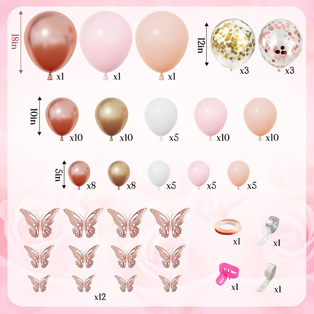 Amandir 135pcs Rose Gold Balloons Girl Baby Shower Decorations Baby Boxes, Butterfly Stickers Balloon Garland Arch Kit Baby Box with Letter (A-Z+Baby) for Wedding Bridal Birthday Party Decoration