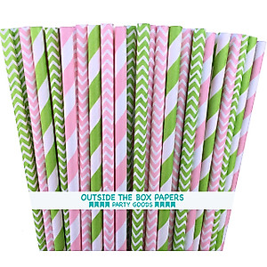 Outside the Box Papers Lime Green and Pink Chevron and Stripe Paper Straws 7.75 Inches 100 Pack Lime Green, Pink, White