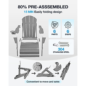 Serique Folding Adirondack Chair Wood Texture, Patio Chair Weather Resistant, Outdoor Chair, Lawn Chair with Cup Holder, Fire Pit Chair for Deck, Outdoor, Porch, Backyard, Garden (Grey)