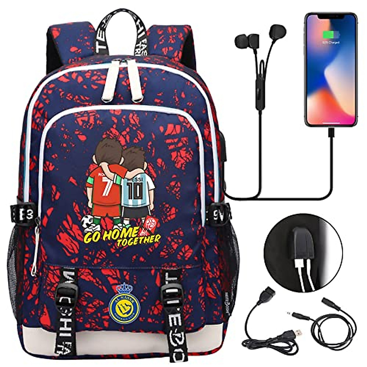LanboQ Teens Cristiano Ronaldo Knapsack Casual Daypacks Wear Resistant Travel Bookbag with USB Charging/Headphone Port