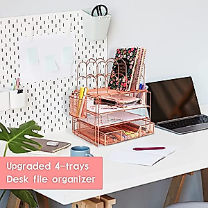 Desk Organizers and Accessories, 4 Tier Desk Organizers with 5 Upright Sections, 2 Pen Holders and Drawer, Desk accessories & workspace organizers, for School Home Office Supplies Organizer, Rose Gold