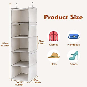 Vailando Hanging Closet Organizer 5-Shelf, Hanging Shelves for Closet with 4 Side Pockets, Linen, 11.8''W x 11.8''D x 47.2''H, Grey