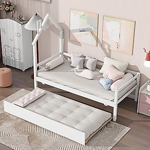 Harper & Bright Designs Twin House Bed for Kids with House-Shaped Headboard, Wood Twin Size Platform Bed with Trundle,Cute Twin Daybed Frame for Boys Girls, White