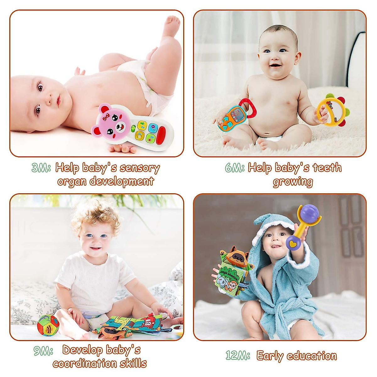 Earsam 6 to 12 Months Baby Phone Toy Rattles Musical Set, Infants Cell Phone Toy & Babies Rattles Teethers Set and Animals Newborn Soft Cloth Book, Baby Toys Early Educational and Sensory Learning