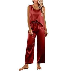Ekouaer Womens Satin Pajamas Set Back Split Top and Long Pant Silk Pj Set Tank Sleepwear S-XXL Wine Red
