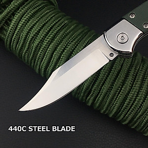 HUAAO 7.3 Inch Camping Folding Knife, Pocket Knife with 440C Steel Blade G10 Handle, Lock Back Knife with Leather Sheath (Green Handle)