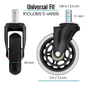 Houseables Office Chair Wheels, Rollerblade Casters, Roller Blade Wheel, 5 Pk, 3”, Rubber, Polyurethane, Rolling Chairs, Furniture Replacement Accessories, for Gaming, Desk, Hardwood Floors, Carpet