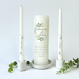 Unity Candles for Wedding, Unity Set, Custom and Personalized Pillar and Taper Candles with Bible Quote, Unscented White Premium Wax, Religious and Wedding Ceremony, Special Events (Zinnia)