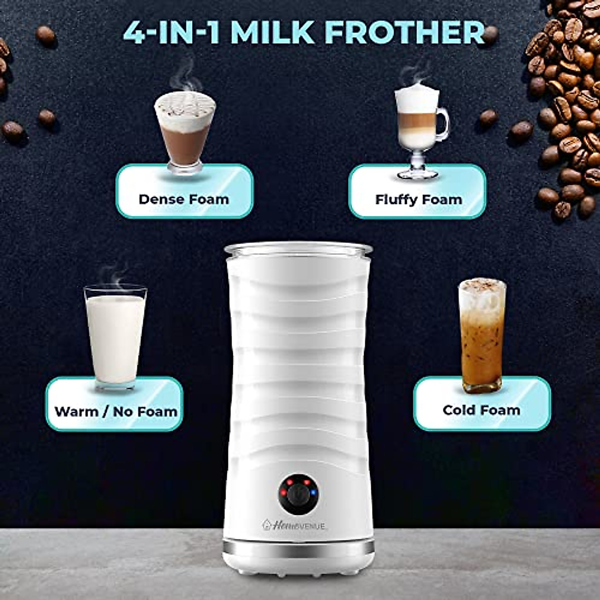 Home Venue Milk Frother, 4-in-1 Electric Milk Steamer and Warmer, Hot & Cold Foam Maker for Latte, Cappuccino, Macchiato, Non-Slip Design with Auto Shut-Off, Silence, Two Whisks, Spatula