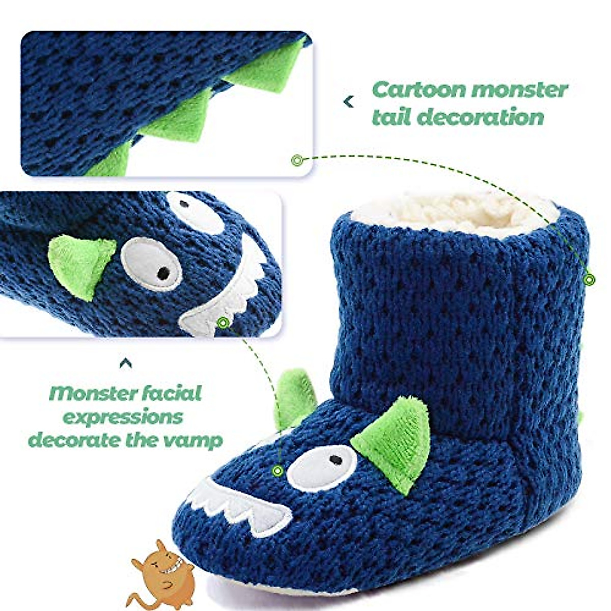 LA PLAGE Boys Girls Blue Monster Bootie Slippers with Cozy Memory Foam Winter Warm Indoor Outdoor House Slippers 1-2 US Navy