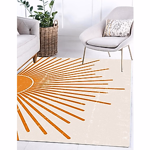 Boho Chic Sun Pattern Washable Faux Wool Area Rug 8x10 Beige Sunset Red Minimalist Modern Rug for Livingroom Bedroom Dining Office Indoor Kitchen Bath Floor Carpet