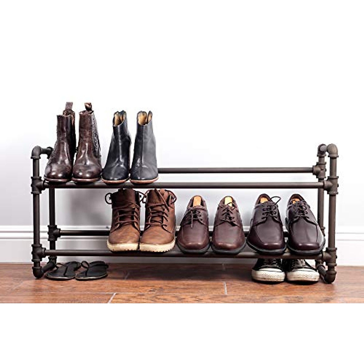 Real Home Innovations Modern Industrial Style 2 Tier Shoe Rack, 36" W x 8.2" d x 16" H, Satin Pewter