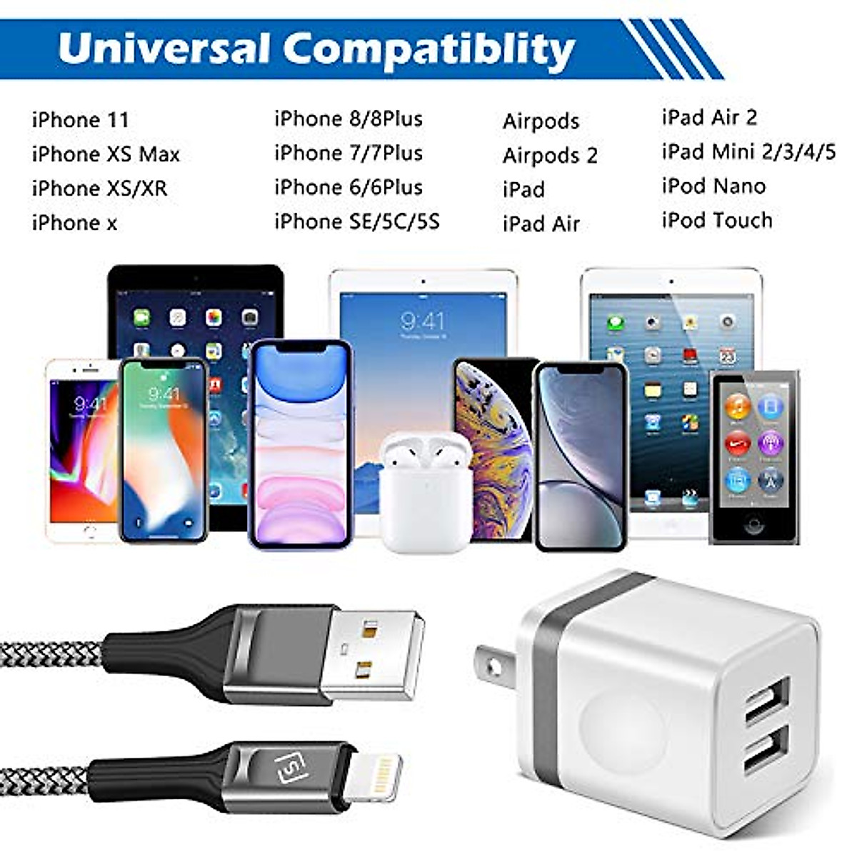 WHIRELEAST iPhone Charger Cable 10 FT with Wall Plug, Braided Long iPhone Charging Cord + Dual USB Wall Charger Block Adapter Compatible with iPhone 12/11/11 Pro Max/XS/XR/X/8/7/6 Plus, iPad (4-Pack)