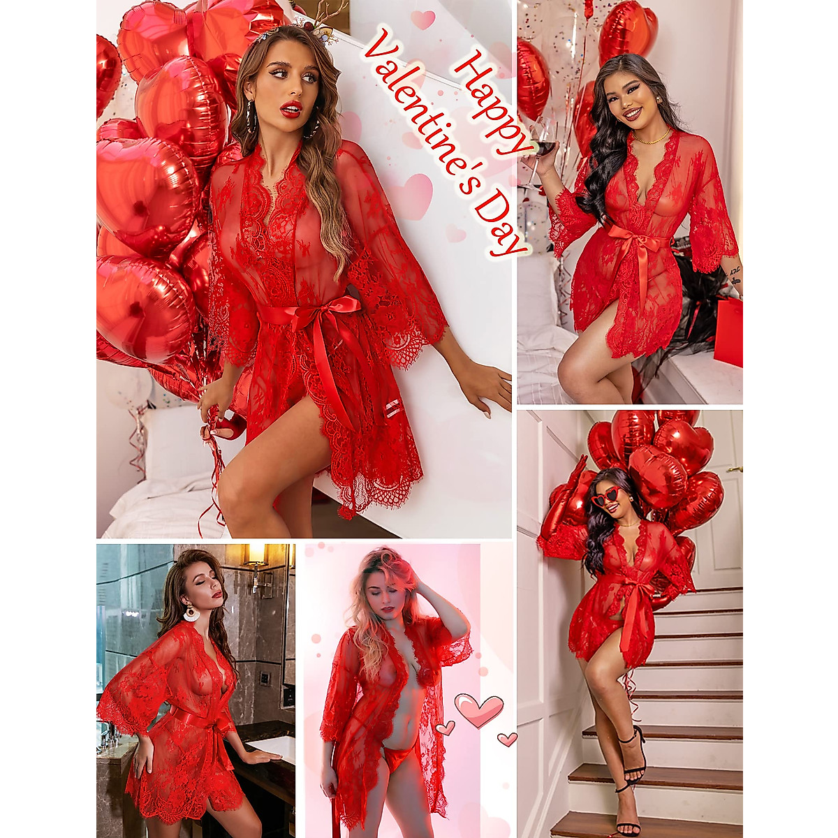 Avidlove red robe Women's Lace Kimono Robe Babydoll Lingerie Mesh Nightgown Red XL