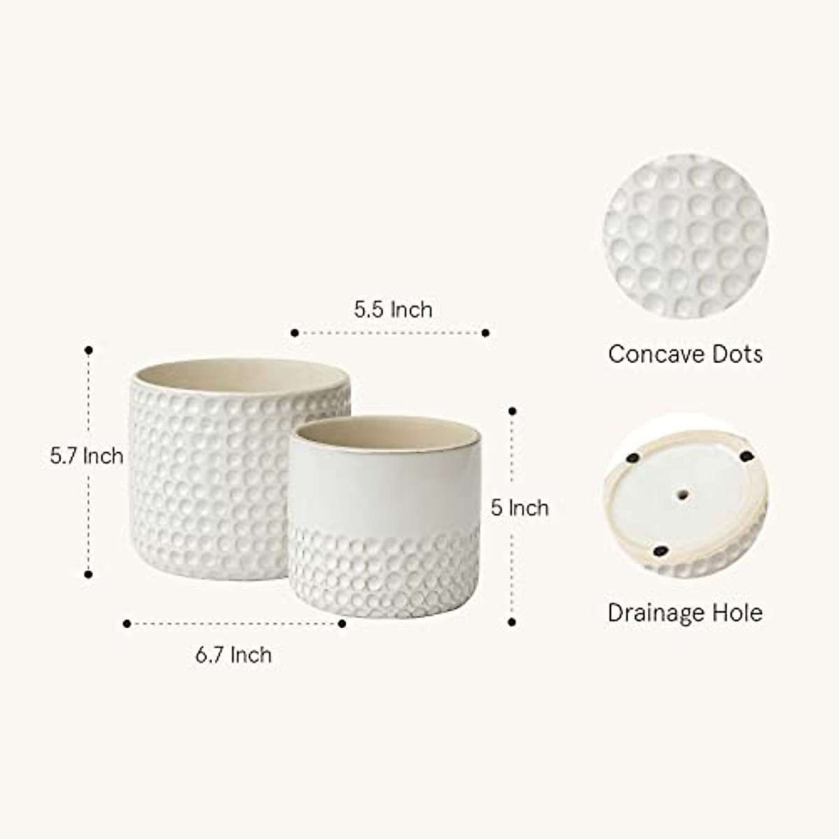 La Jolie Muse Ceramic Planter Flower Plant Pots- 6.7+5.5 Inch Concave Dot Patterned Cylinder Flower Pot W/ Drain Hole for Indoor, Set of 2, Ivory